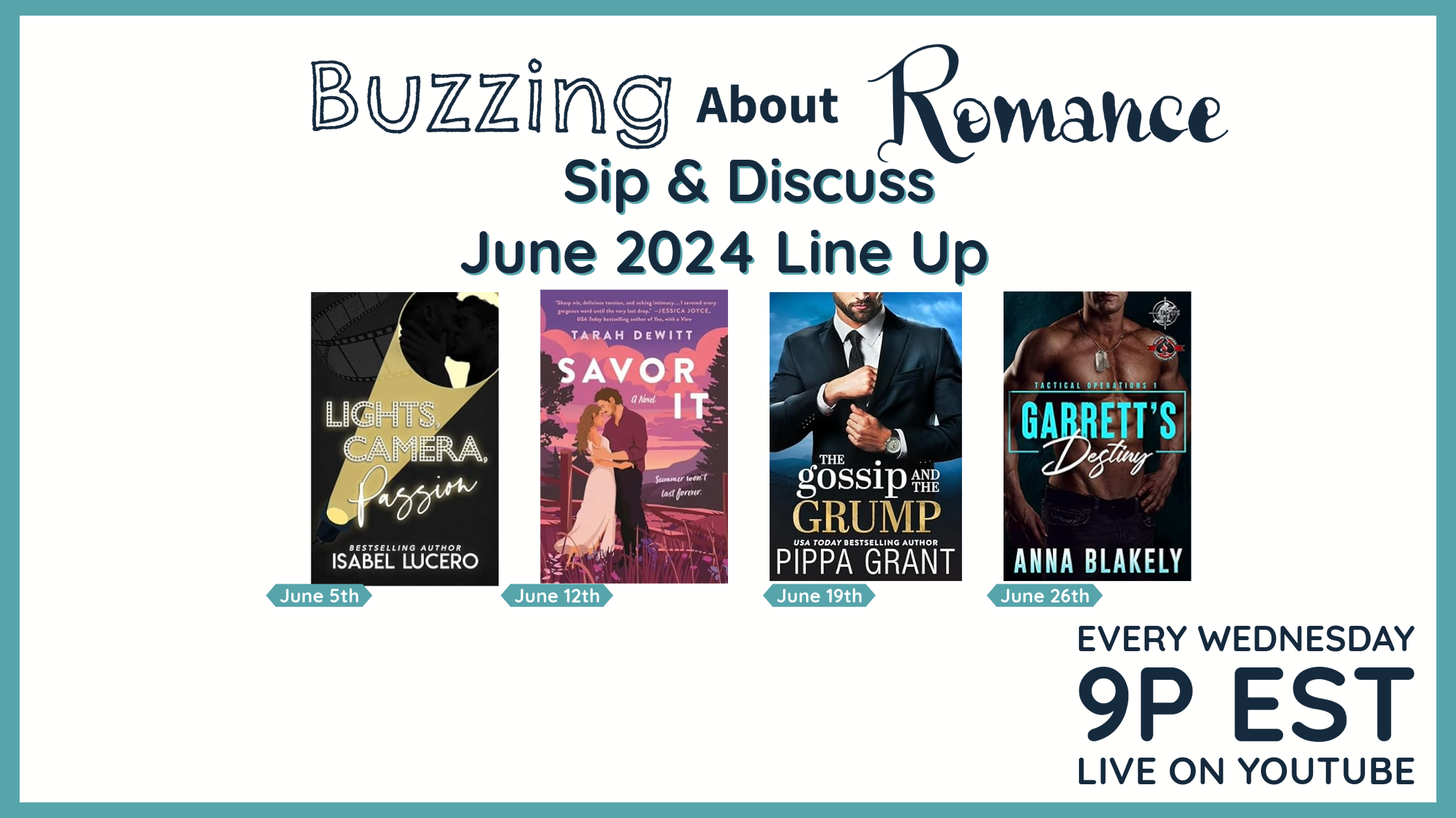June Sip and Discuss Line Up - Bookcase and Coffee